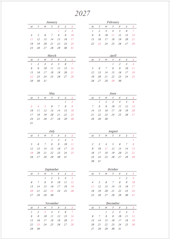 A5サイズ『2027年 年間カレンダー』無料DL｜手帳でスムーズ生活